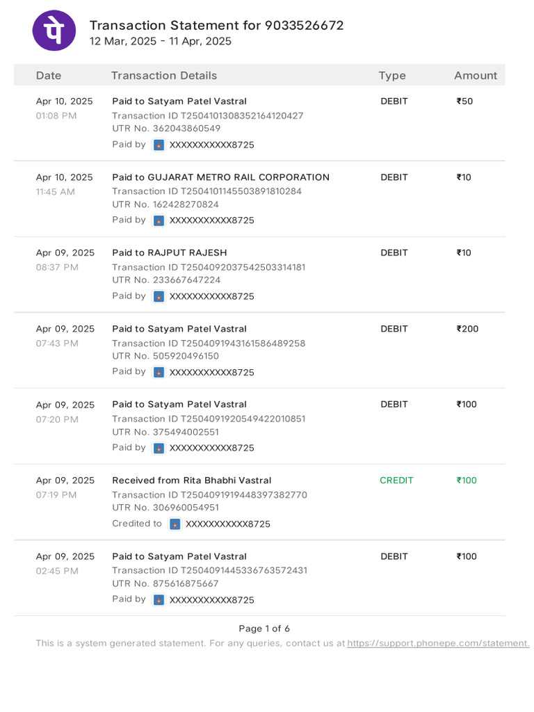 PhonePe Statement Mar2025 Apr2025 (1) | PDF | Debit Card | Debits And Credits