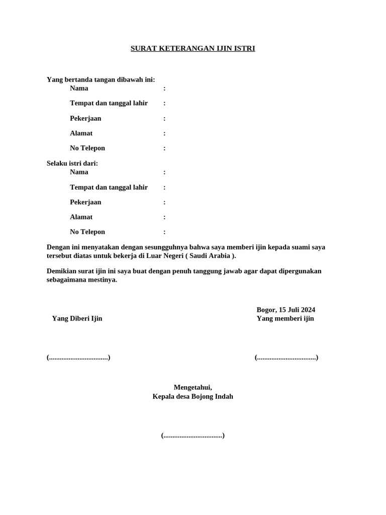 Surat Keterangan Ijin Istri | PDF