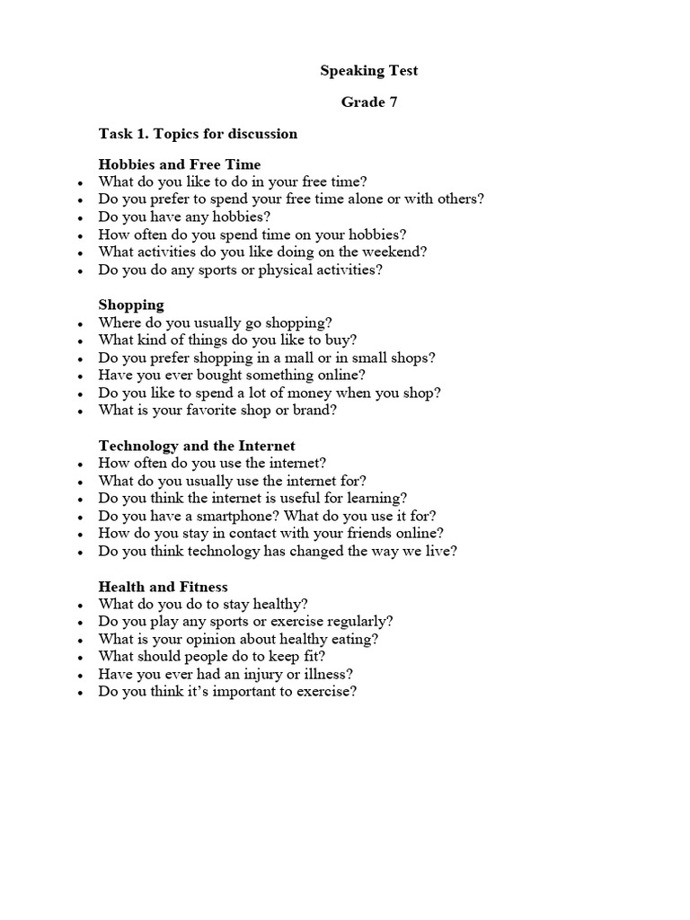Speaking Test Grade 3 | PDF