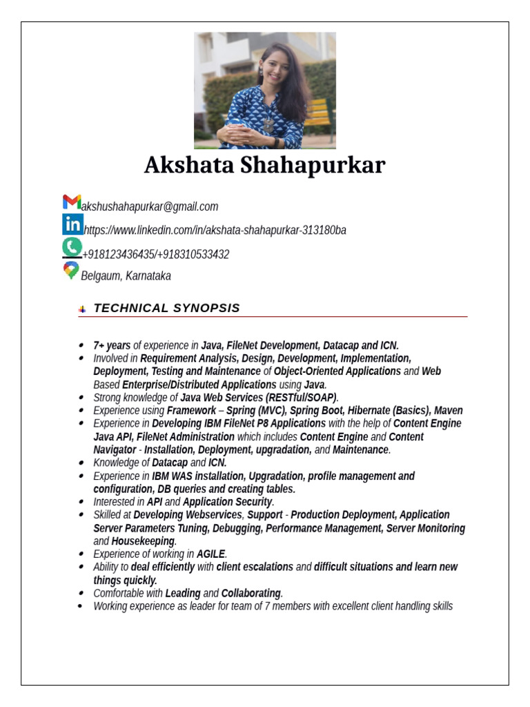 Akshata-Filenet Java Devloper-7years | PDF | Java (Programming Language) | Web Service