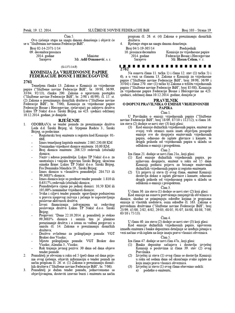 Pravilnik o Emisiji Vrijednosnih Papira - Dopuna 103 - 14 | PDF