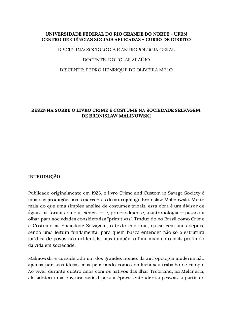 Resenha Sobre Crime e Costume | PDF | Antropologia | Sociologia
