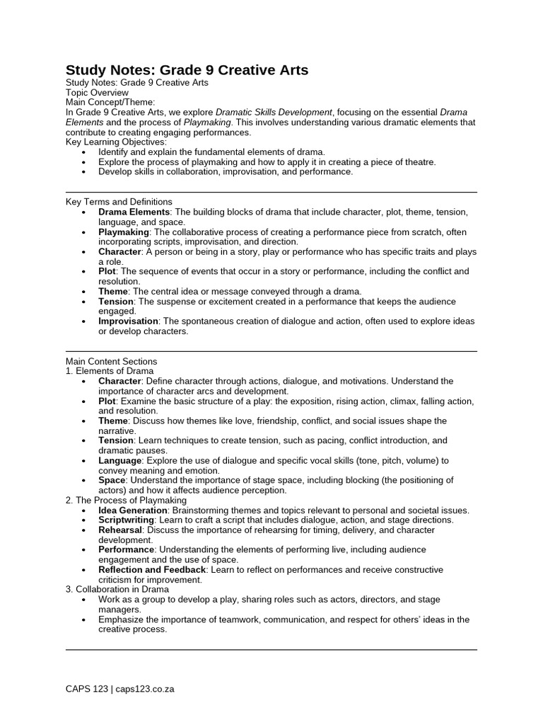 Study Notes Grade 9 Creative Arts | PDF | Plot (Narrative) | Improvisation