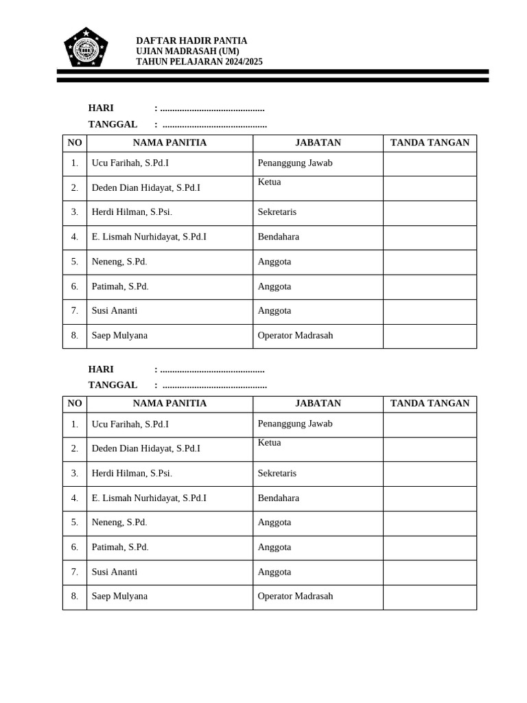 Daftar Hadir Panitia | PDF