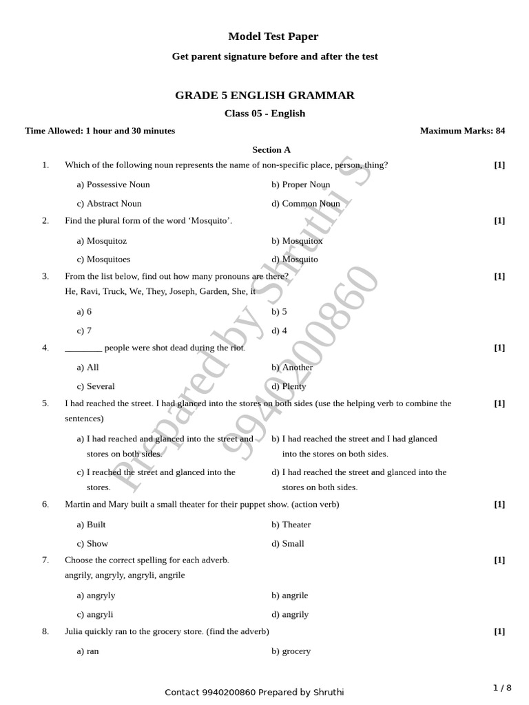 Grade 5 English Grammar Test Paper | PDF | Verb | Adverb