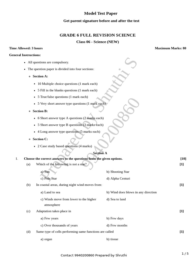 Grade 6 Science Revision Test Paper | PDF | Length | International ...