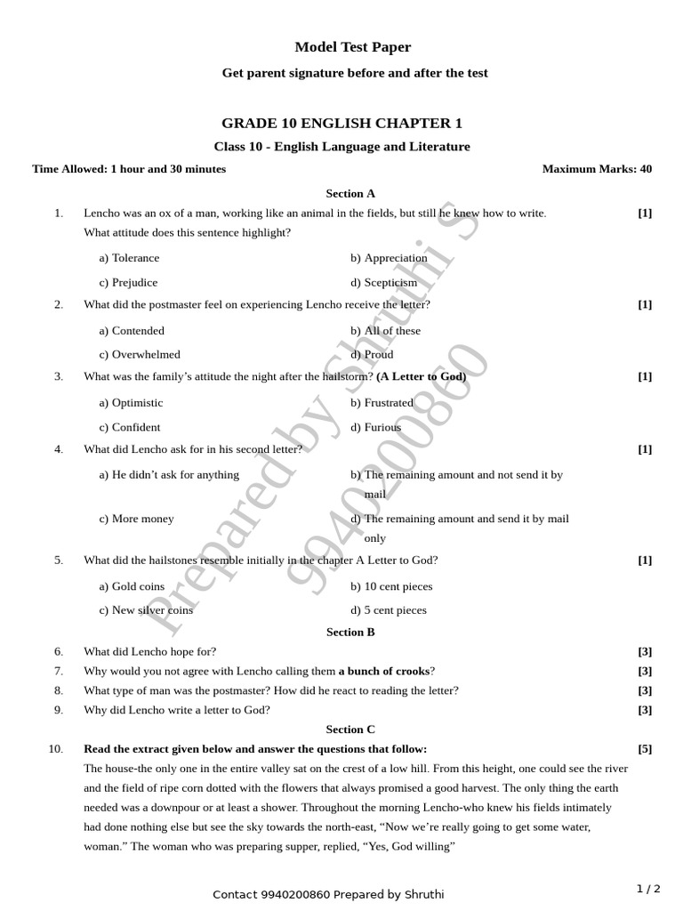 Class 10 English Chapter 1 Test Paper | PDF