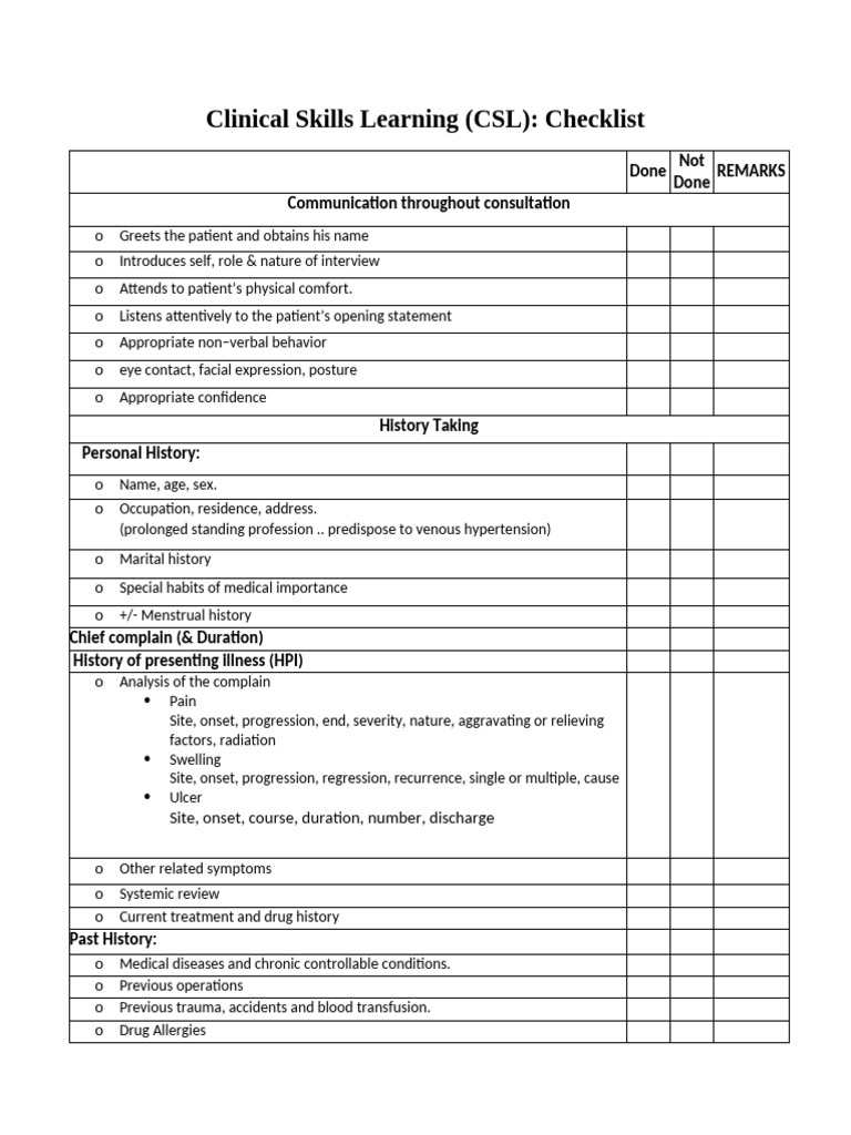 Clinical Skills Checklist for Patient Assessment | PDF | Vein | Thrombosis