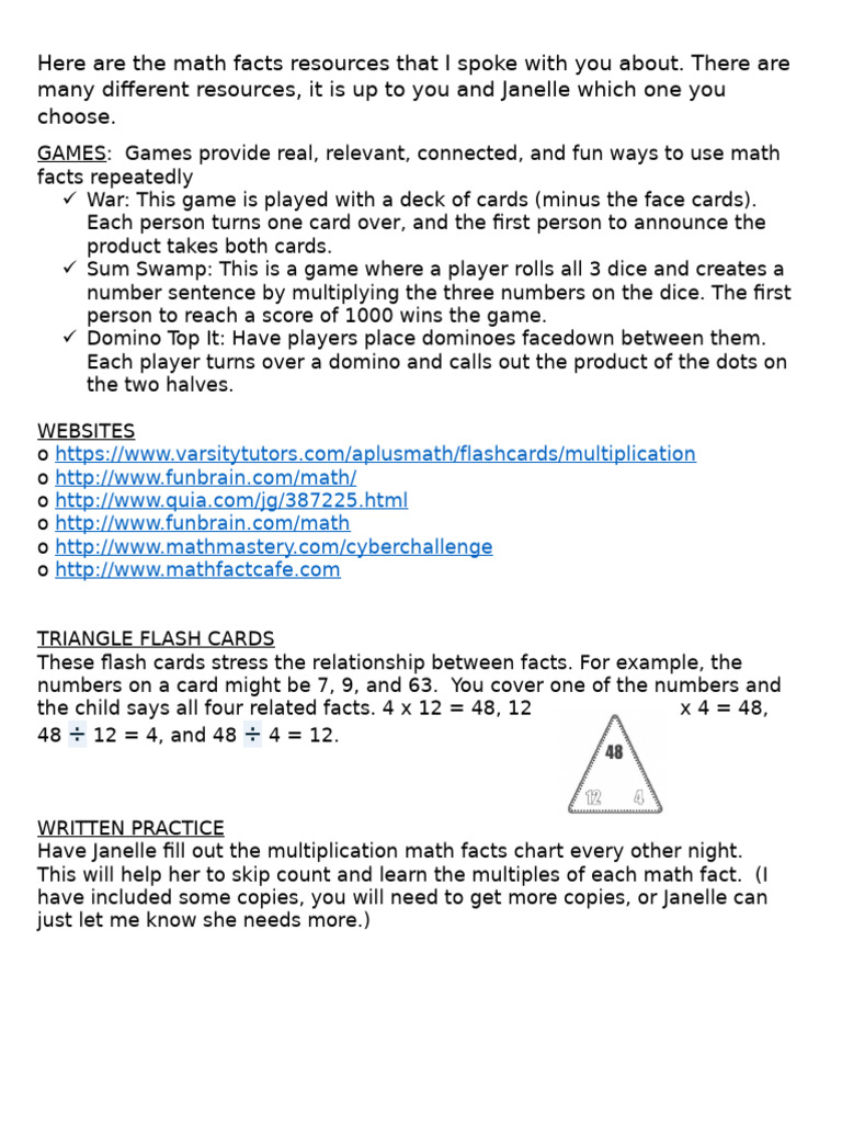 Math Facts Resources | PDF