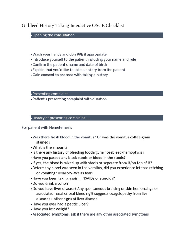 GI Bleed History Taking Checklist | PDF | Vomiting | Gastrointestinal Tract