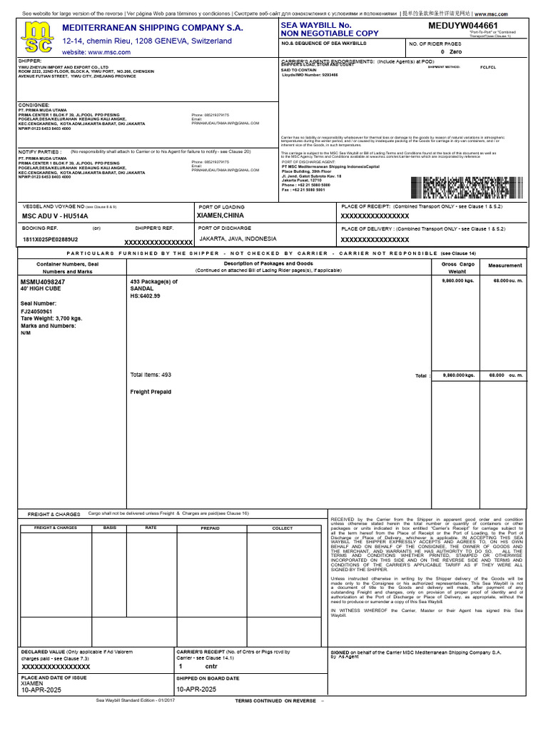 1811X025PE02889U2--SWB提单 | PDF | Cargo | Consignee