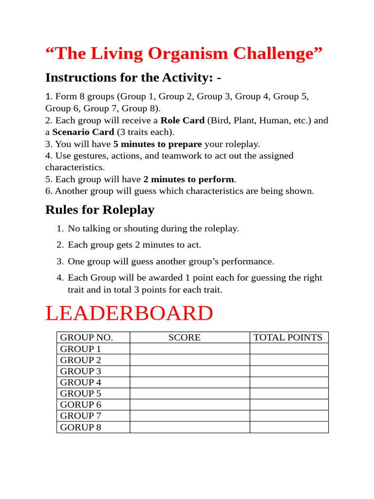 Living Organism Roleplay Activity Guide | PDF