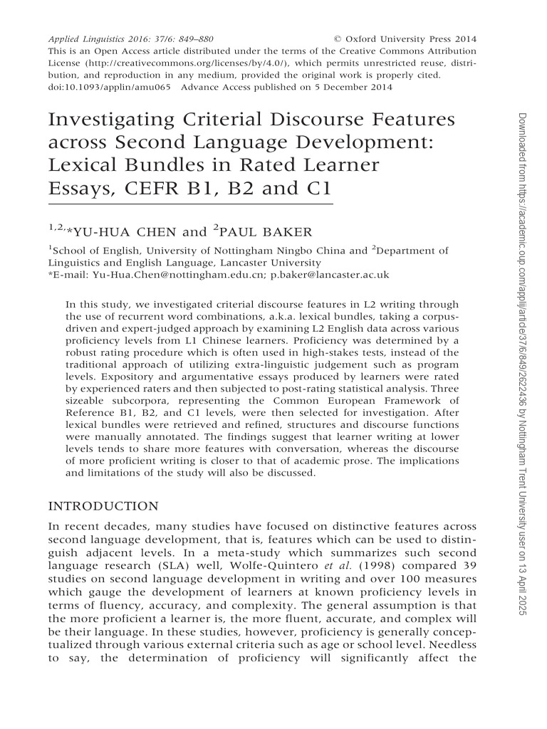 Investigating Criterial Discourse Features Across Second Language Development: Lexical Bundles ...
