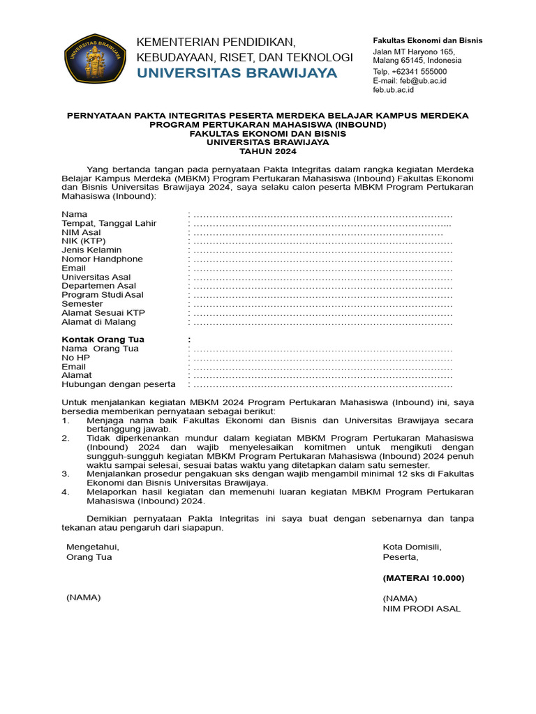 MBKM INBOUND 2024 - PAKTA INTEGRITAS MBKM INBOUND FEB UB (Template Baru Ganjil 2024) | PDF