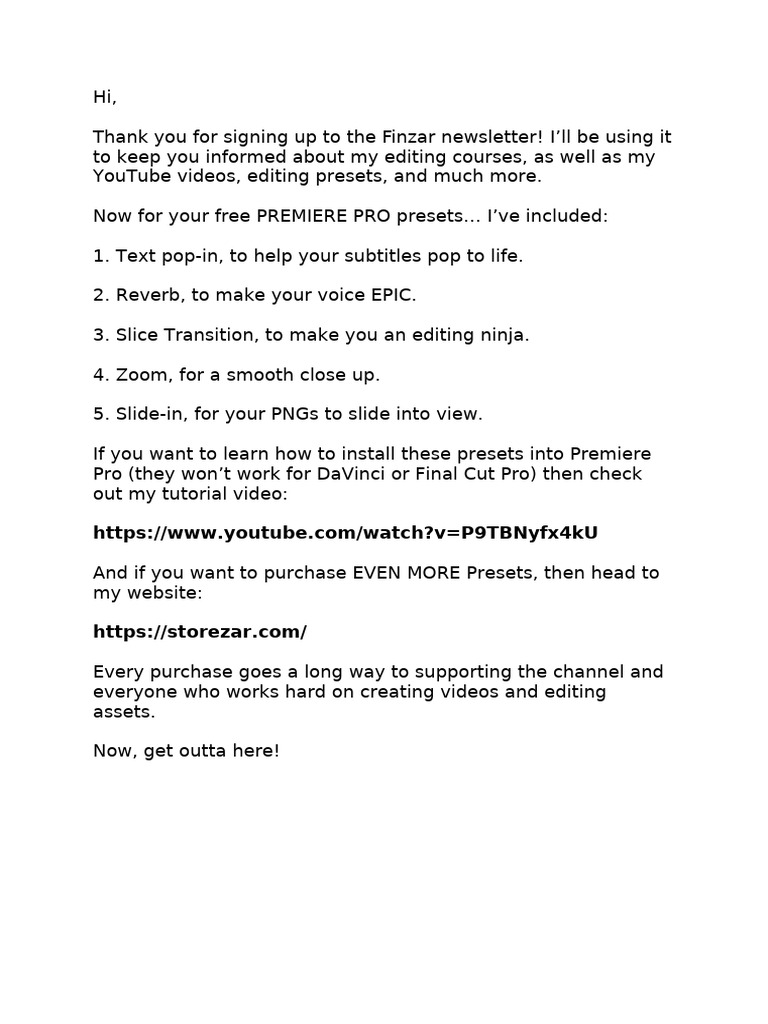 READ ME Finzar Free Presets | PDF