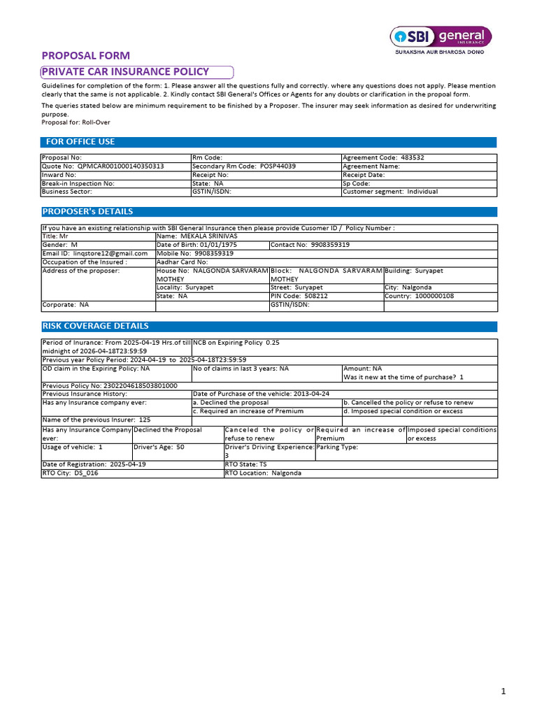 SBI Private Car Insurance Proposal Form | PDF | Insurance | Cheque