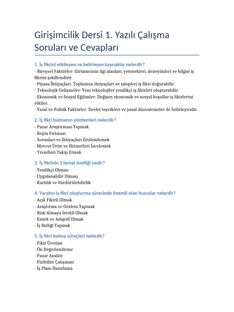 Girisimcilik Yazili Cevaplari Guncel | PDF