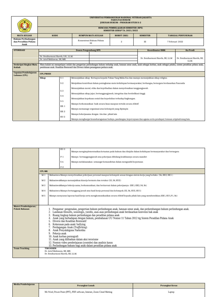 (2025) RPS Hukum Perlindungan-Peradilan Anak S2 | PDF