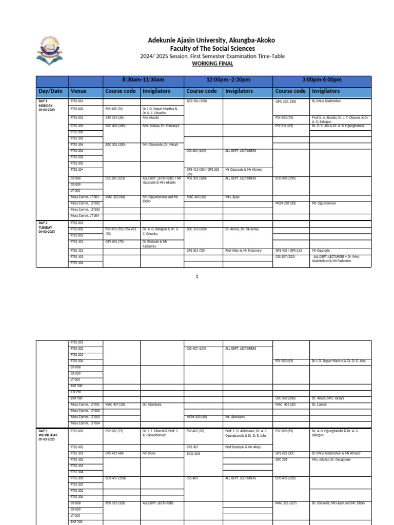 Working Final-Ftss 24 - 25 First Sem Exam Timetable | PDF