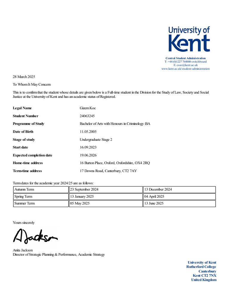 Legal Name Student Number Programme of Study Date of Birth Stage of ...