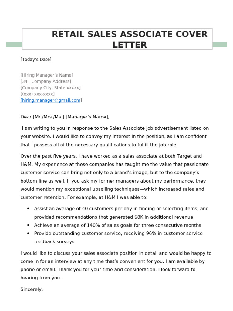 Retail Sales Associate Cover Letter Example | PDF
