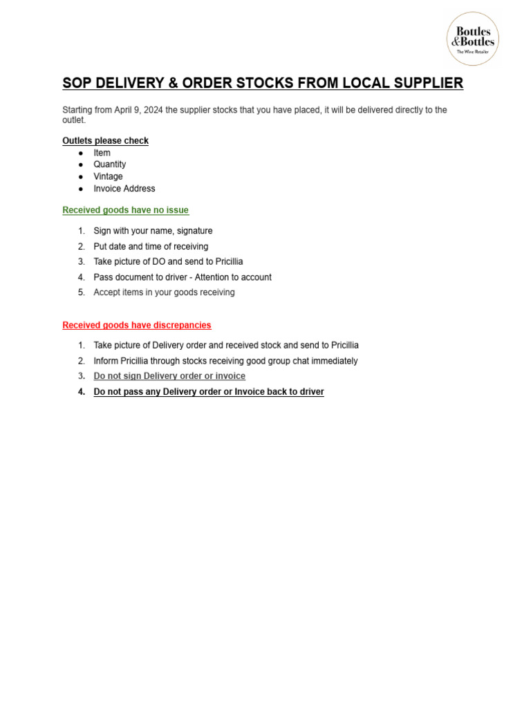 Sop Delivery - Stocks From Local Supplier - 09!04!2024 | PDF