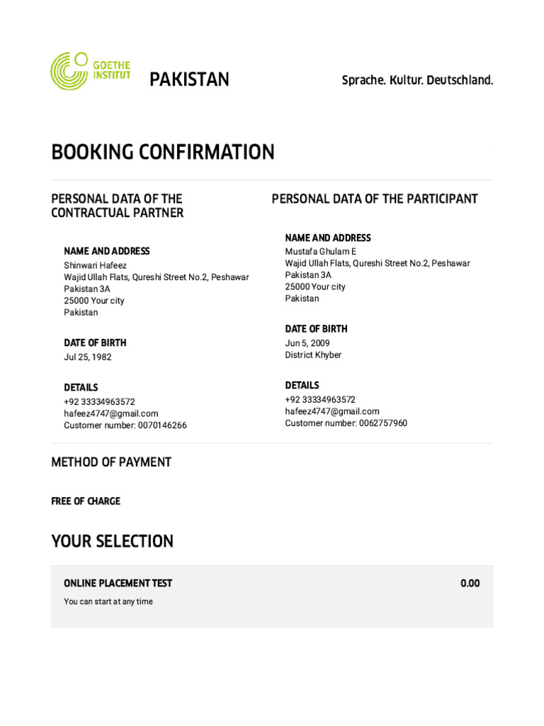 Booking Confirmation: Pakistan | PDF