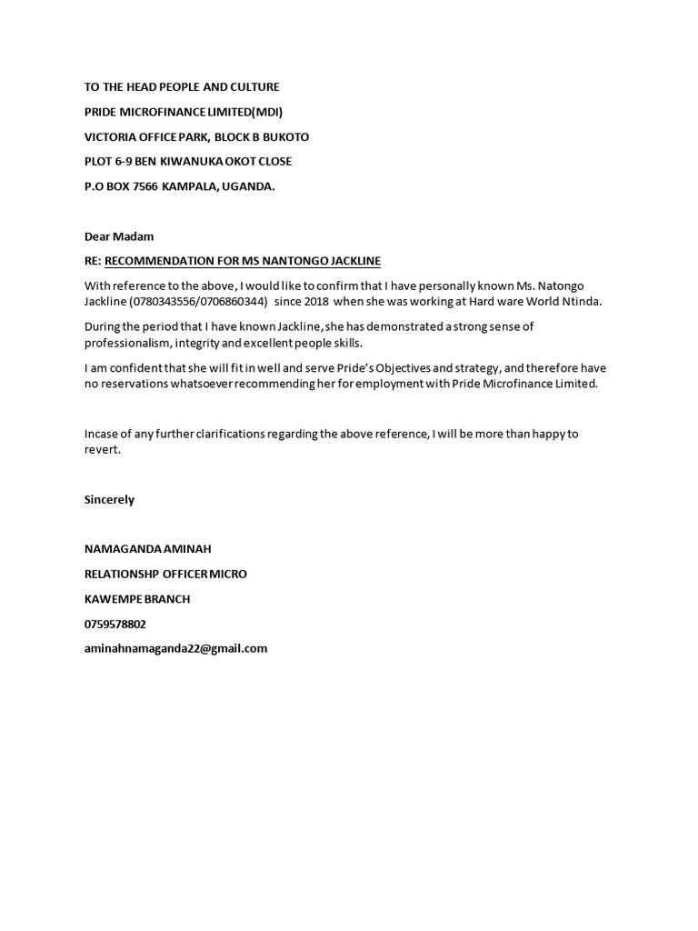 Recommendation for Ms. Nantongo Jackline | PDF
