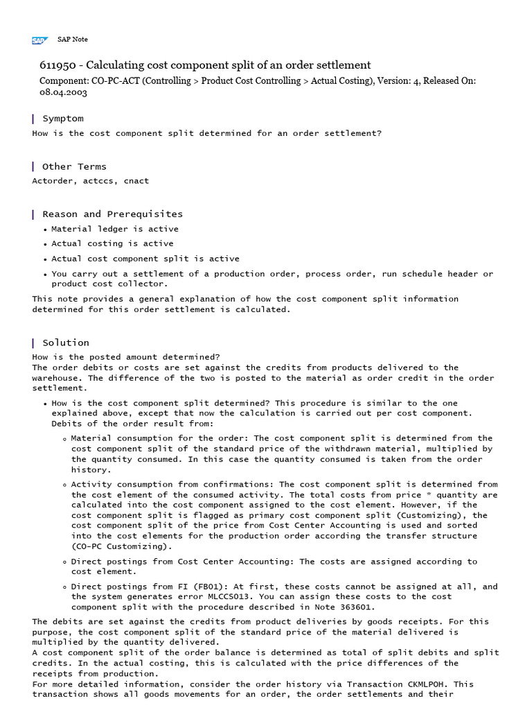 Calculating Cost Component Split of An Order Settlement | PDF | Debits ...