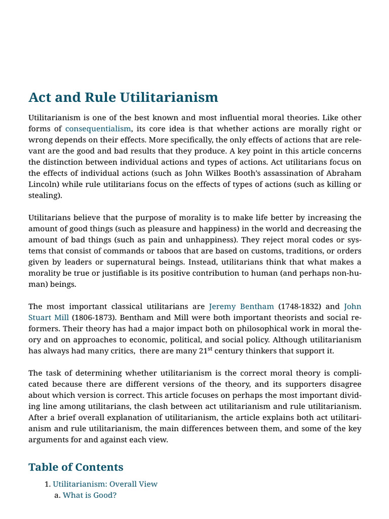 Act vs. Rule Utilitarianism Explained | PDF | Utilitarianism | Hedonism
