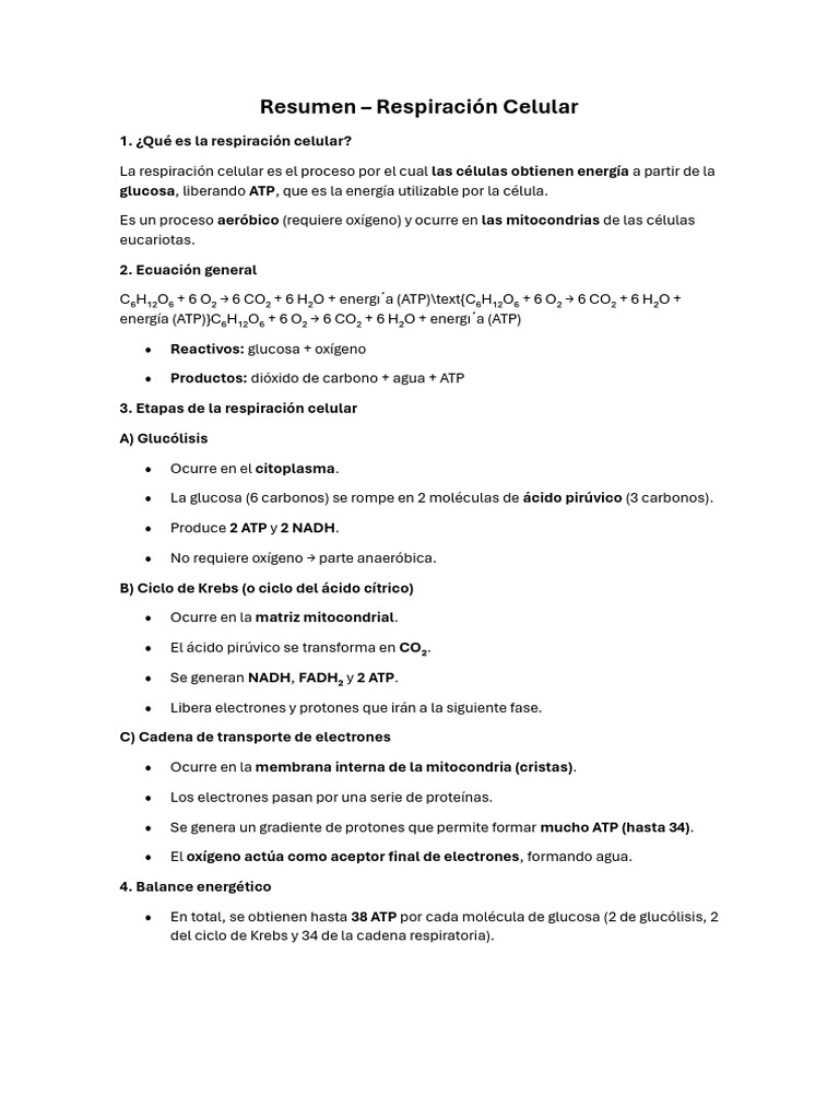 Resumen Respiración celular | PDF