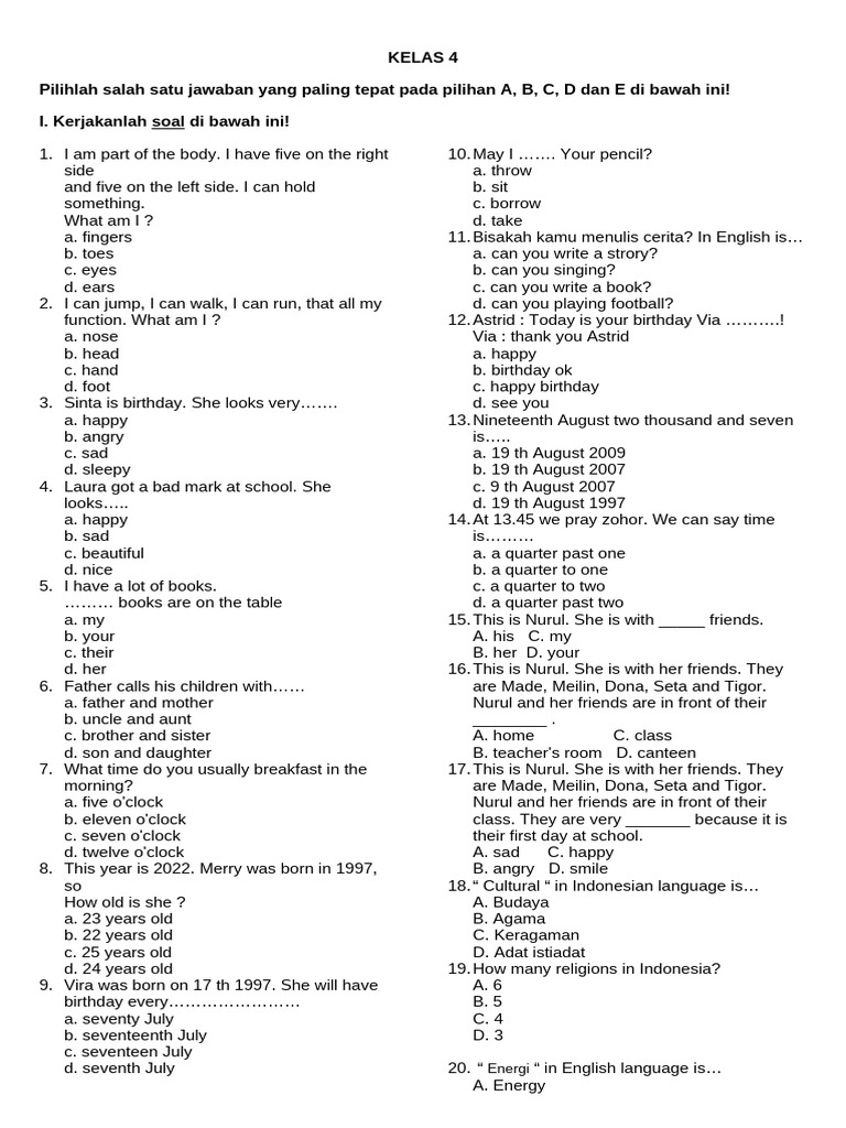 Soal Bahasa Inggris Kelas 4kumer | PDF | Nature