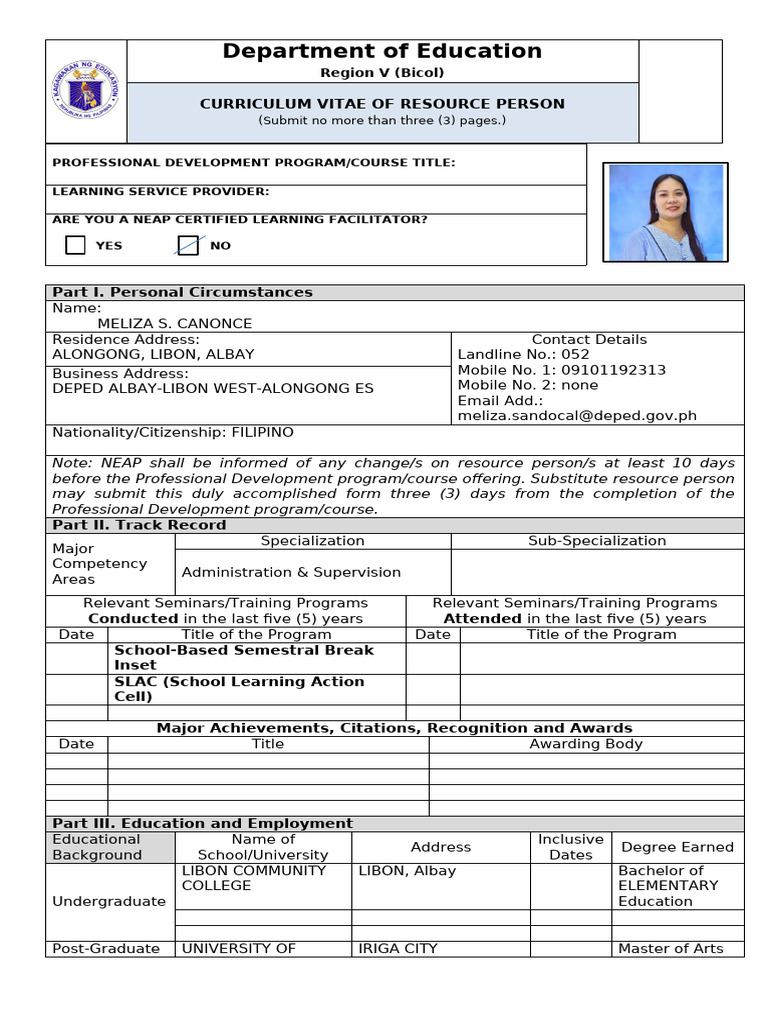 NEAP CV For Resource Speakers 2 | PDF