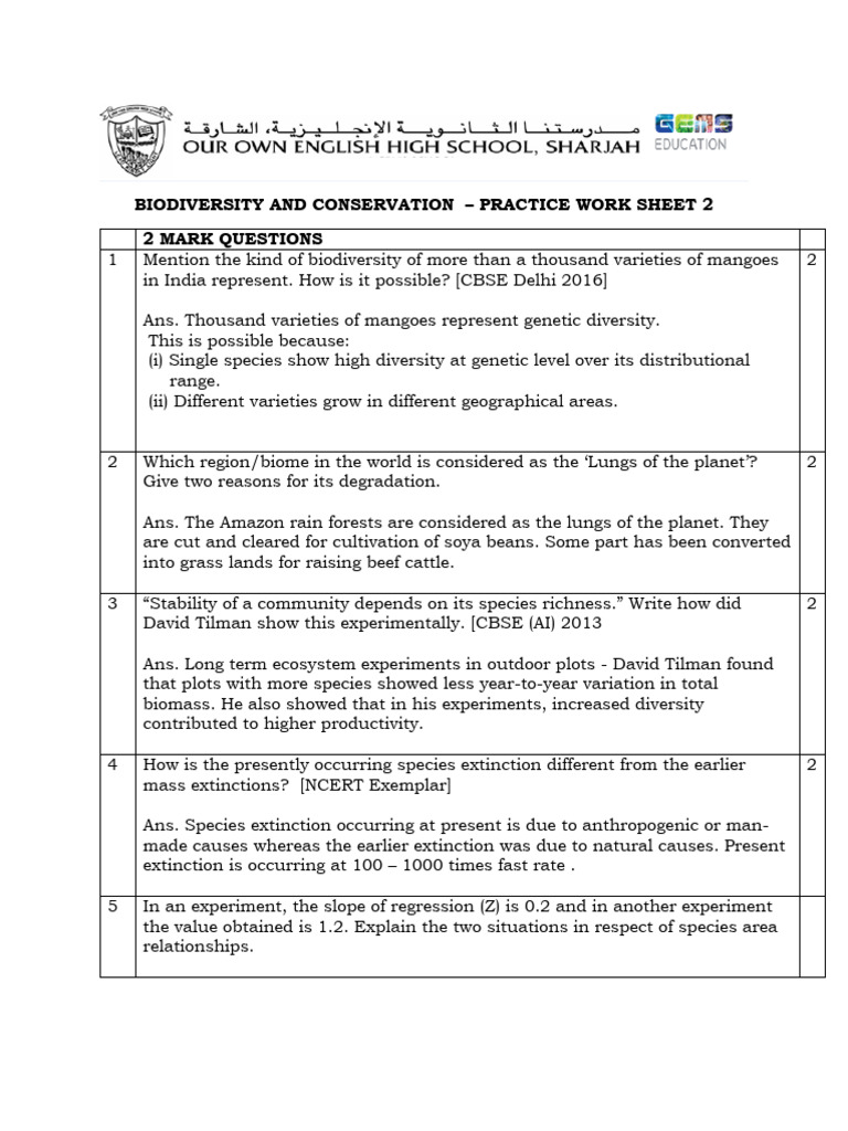Biodiversity Conservation Practice Worksheet | PDF | Biodiversity ...