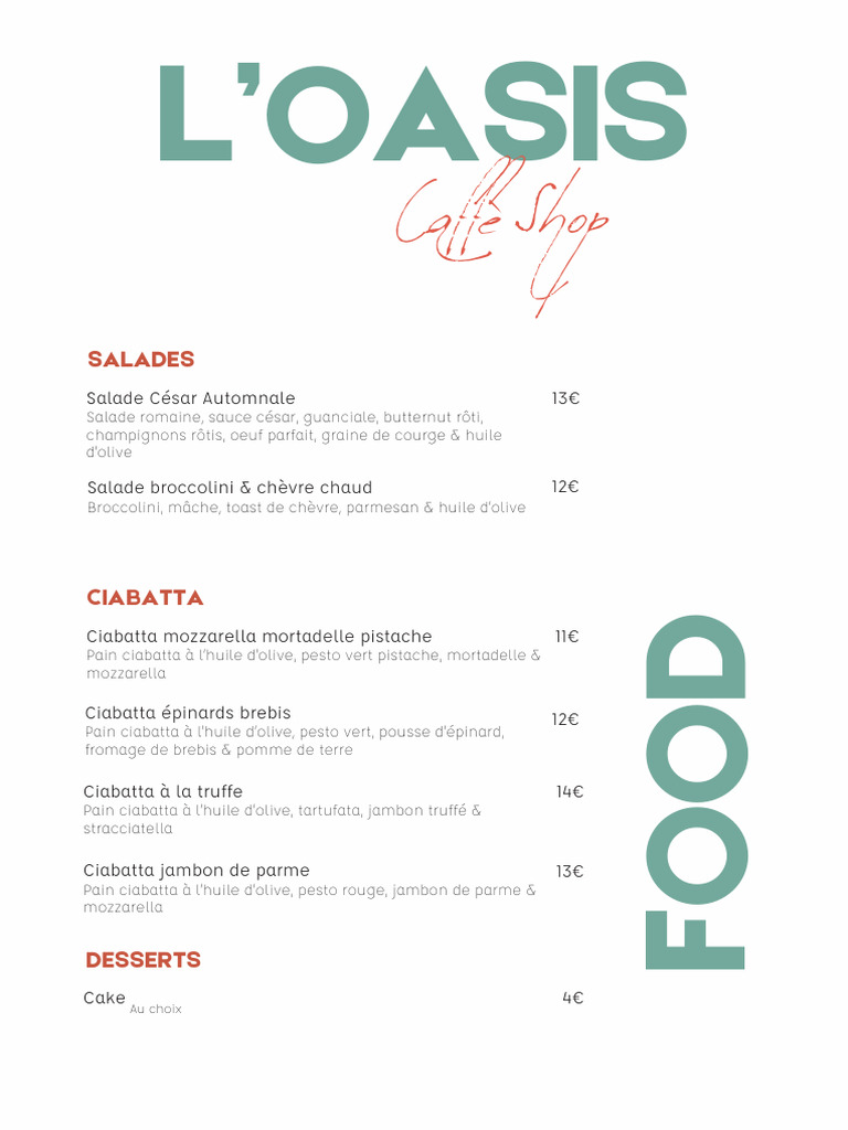 Menus et Prix de L'Oasis Caffè Shop | PDF | Nourritures | Cuisine asiatique