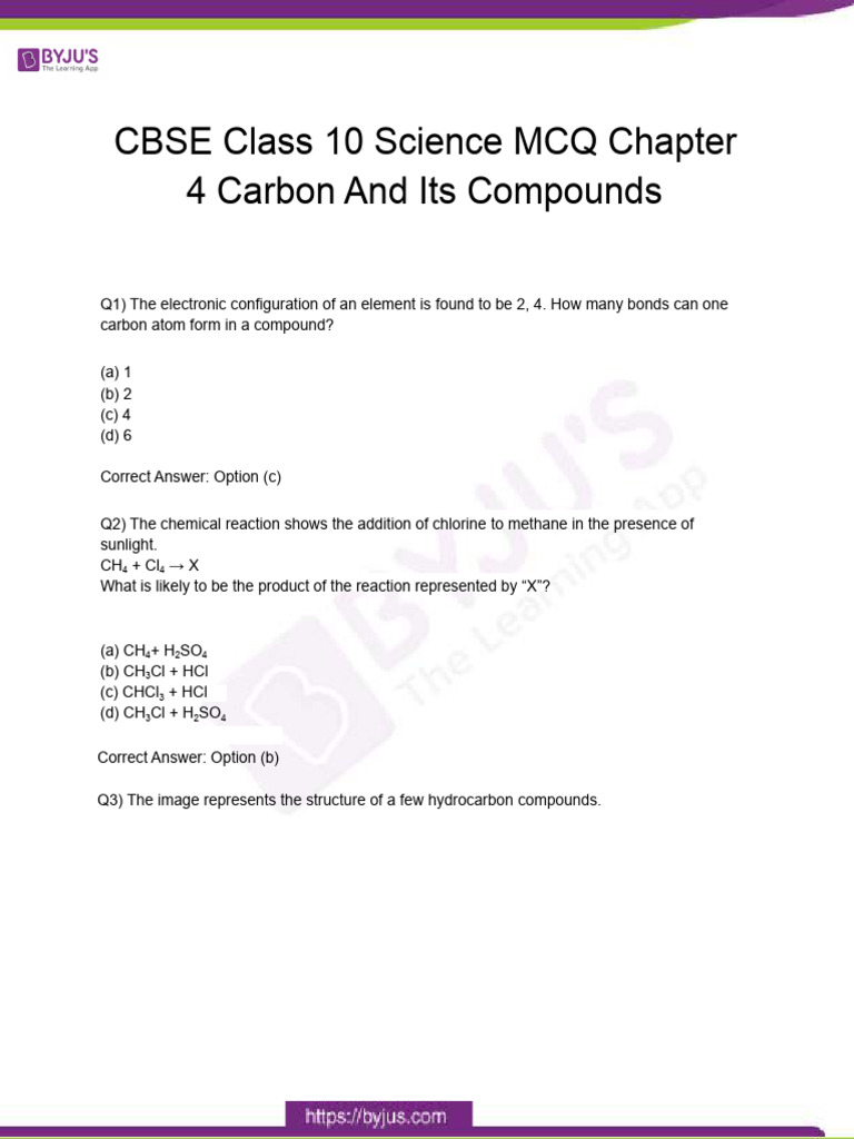 CBSE Class 10 Science MCQ Chapter 4 Carbon and Its Compounds | PDF | Hydrocarbons | Chemical ...
