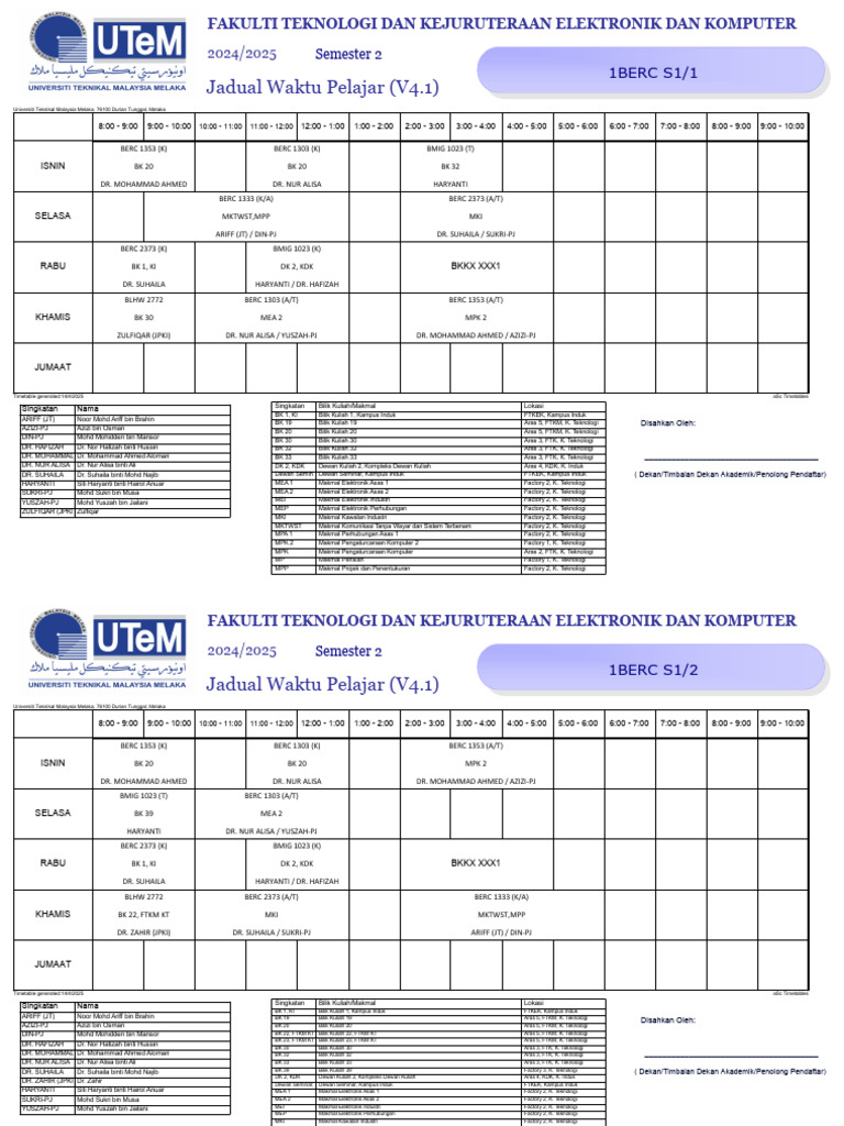 JADUAL PELAJAR BERC SEM2 20242025_V4.1 | PDF