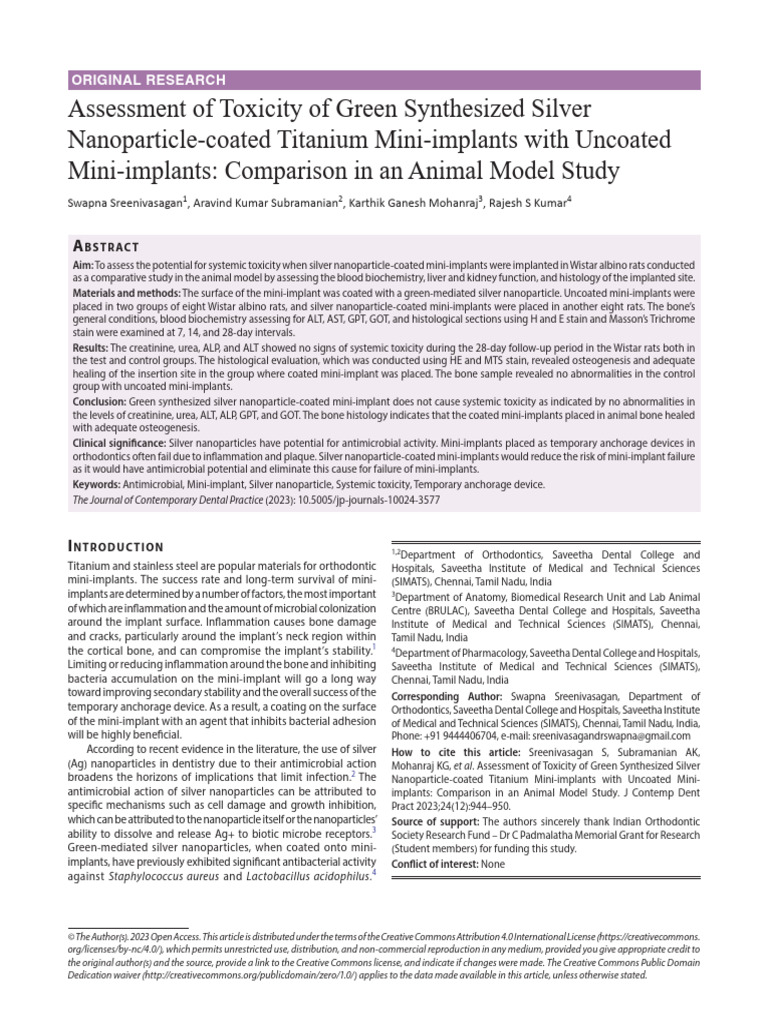 Toxicity Assessment of Silver Nanoparticle Mini-implants | PDF ...