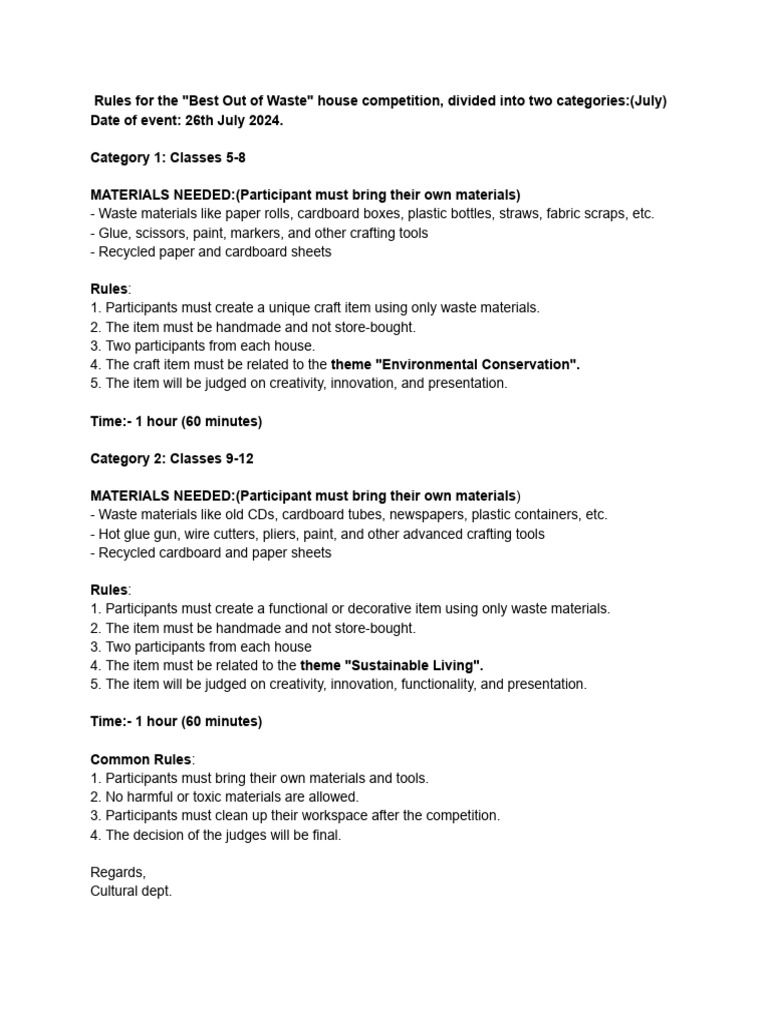 Best Out of Waste Competition Rules | PDF