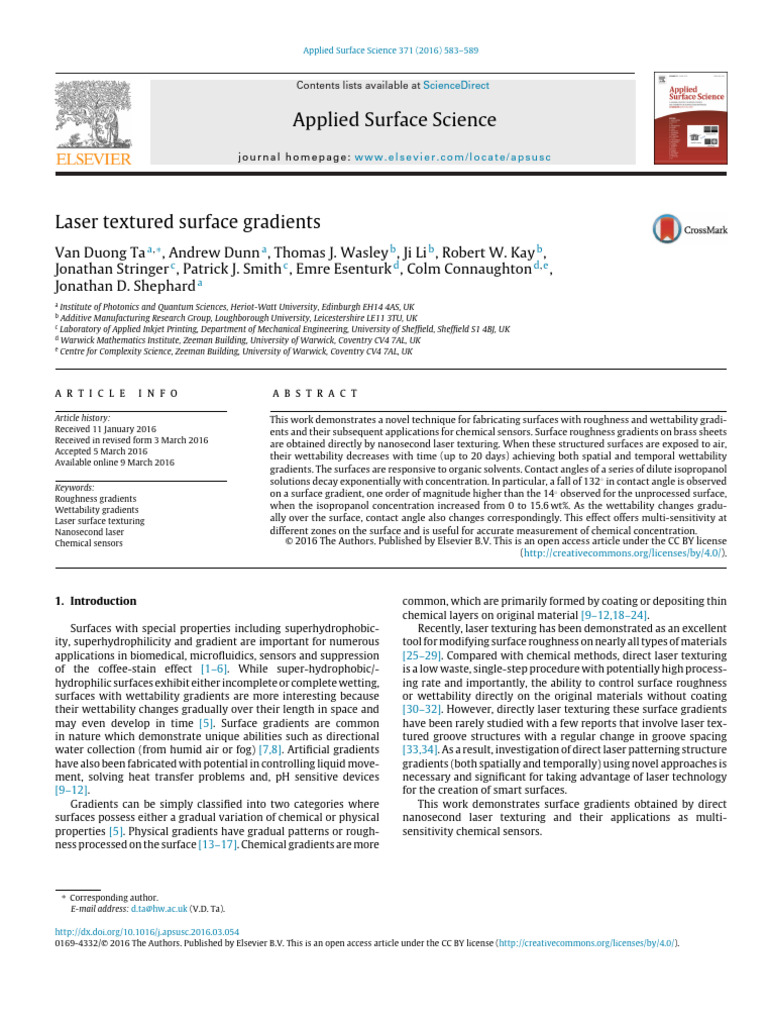 22) 2016 Laser Textured Surface Gradients | PDF | Wetting | Laser