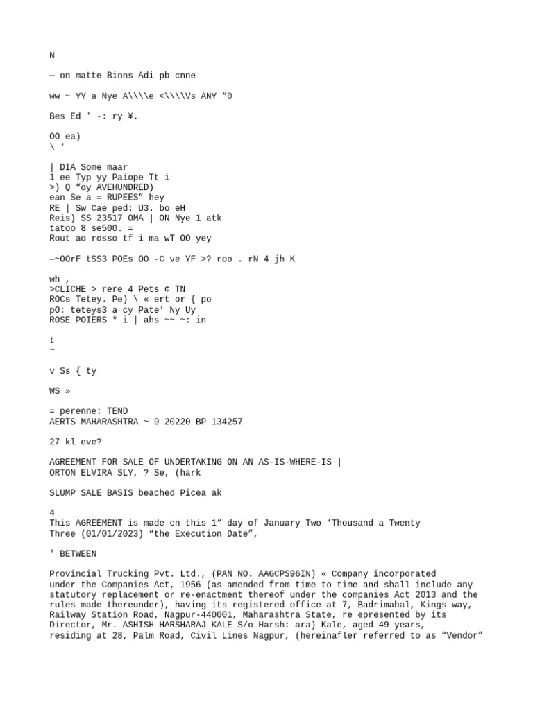 Agreement For Sale of Undertaking Between Provincial Trucking and ...