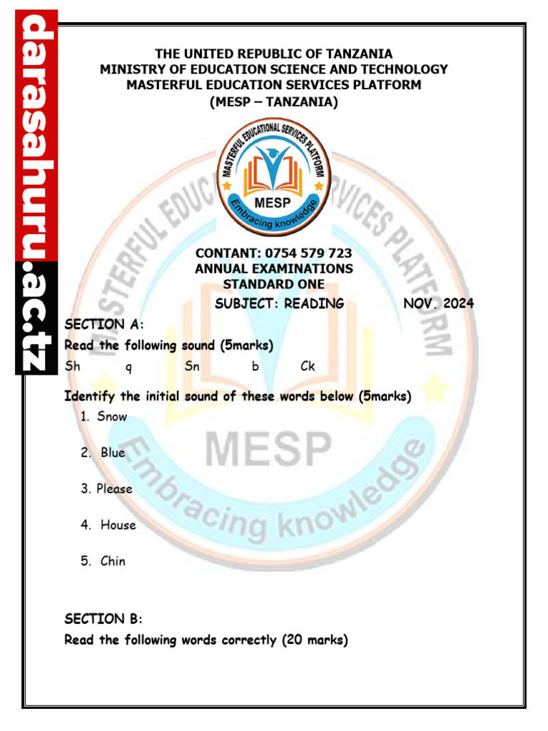 STD I, Nov Annual Exams - Mesp Tanzania-21-23 | PDF