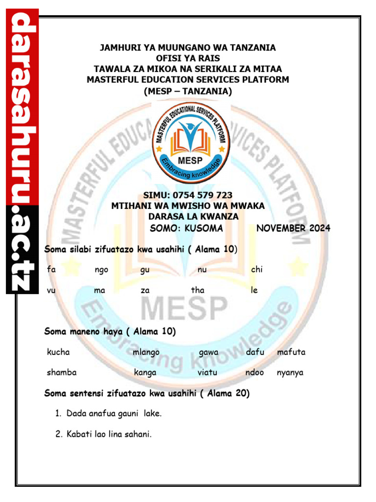 STD I, Nov Annual Exams - Mesp Tanzania-11-12 | PDF