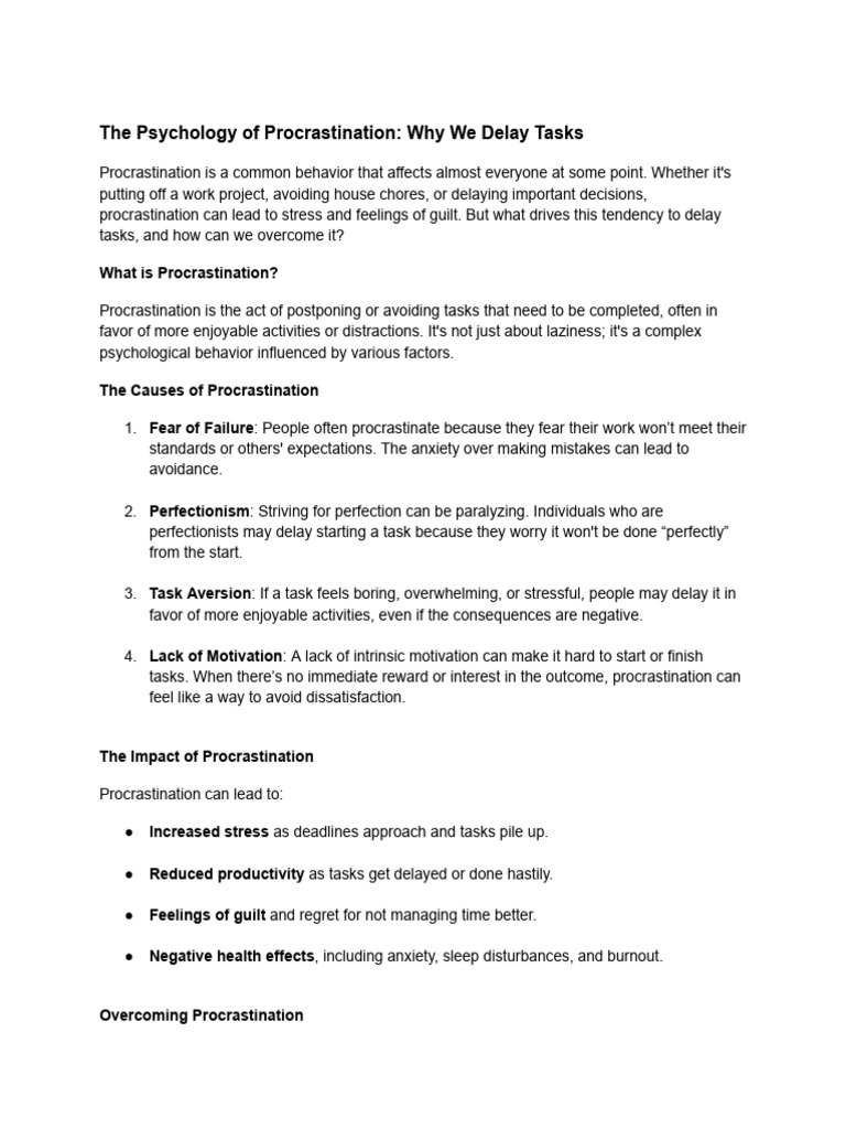 The Psychology of Procrastination - Why We Delay Tasks | PDF ...