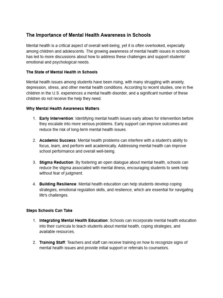 Mental Health Awareness in Schools | PDF | Mental Health | Mental Disorder