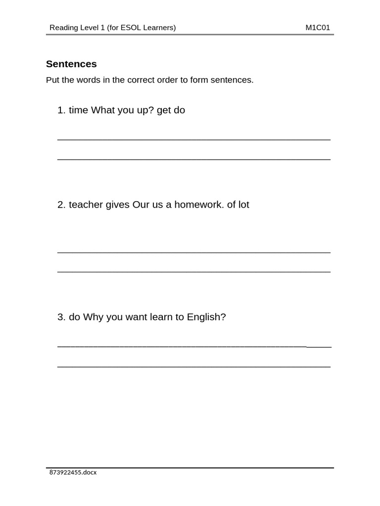 Sentence Formation for ESOL Learners | PDF