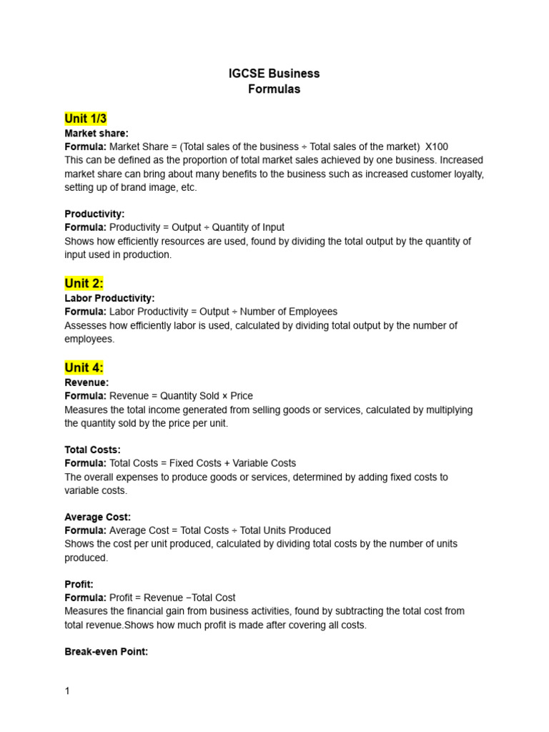 IGCSE Business Formulas Overview | PDF | Gross Margin | Net Income