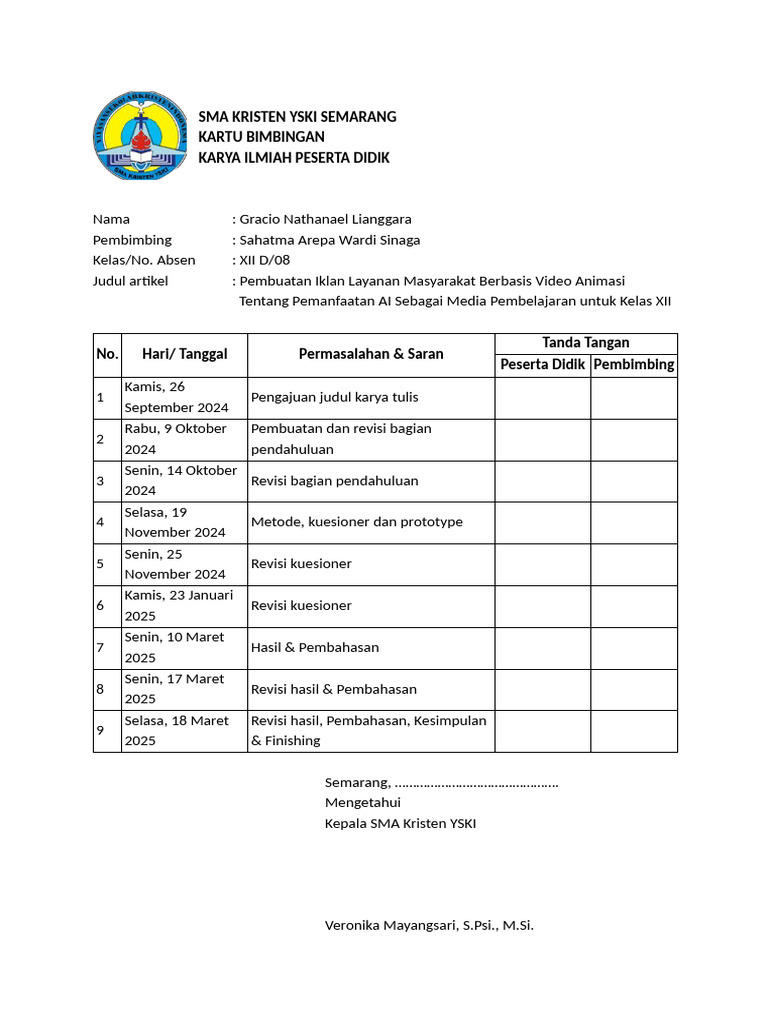 Karya Ilmiah Siswa SMA Kristen YSKI | PDF