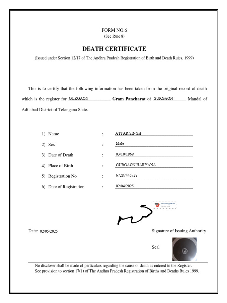 Telangana Death Certificate Form No. 6 | PDF