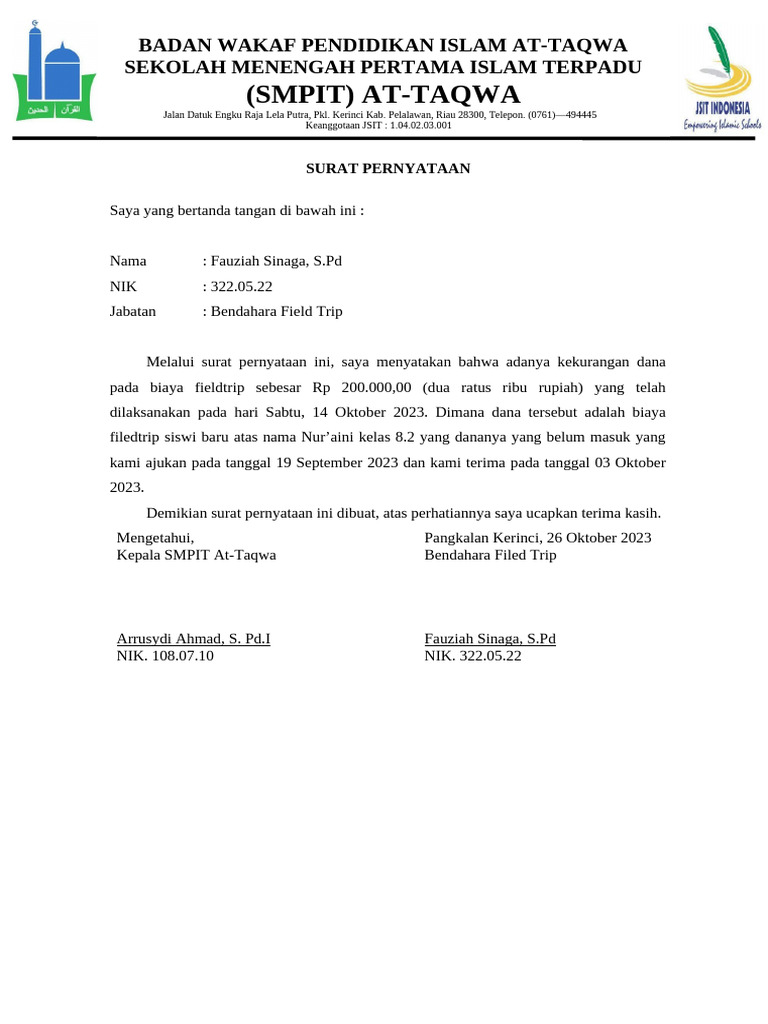 SURAT PERNYATAAN Field Trip | PDF